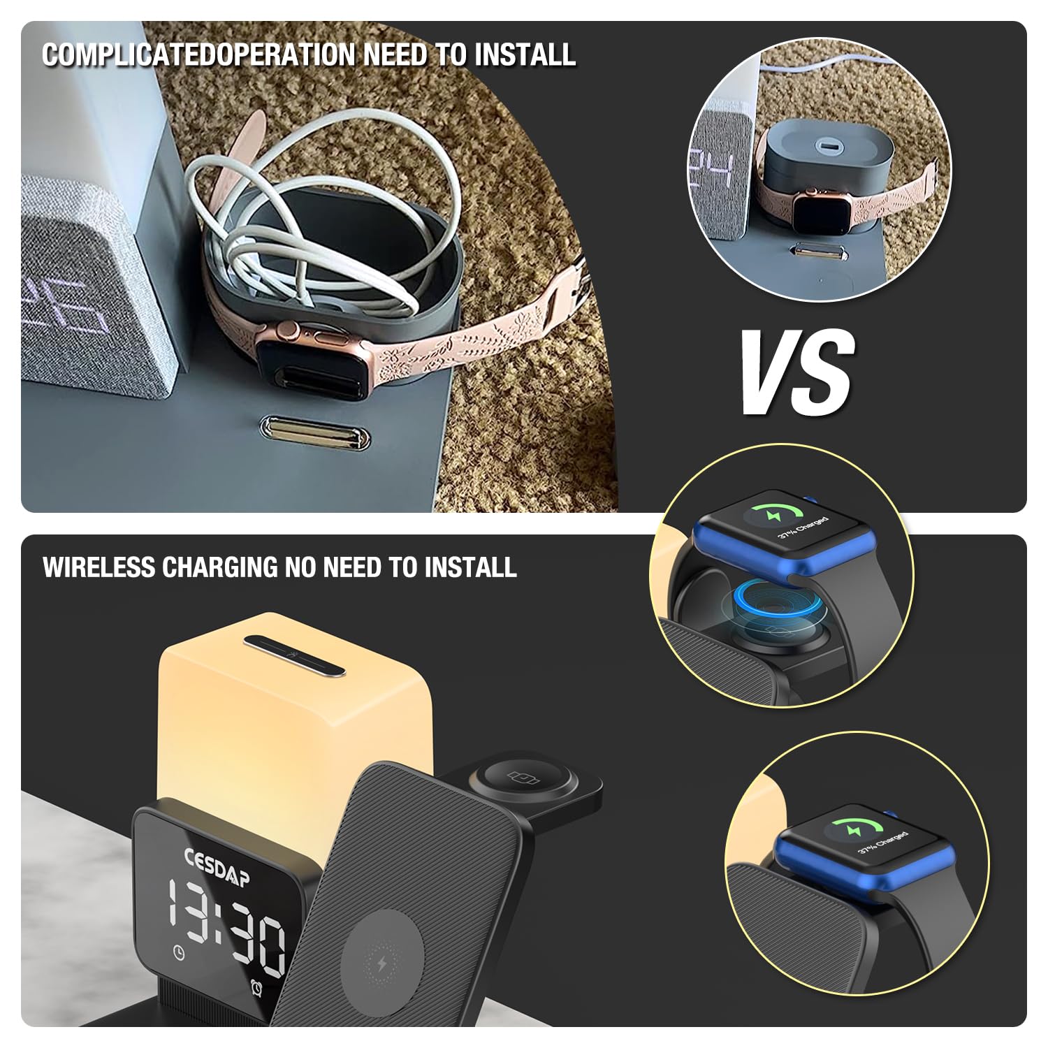 CESDAP C3 Pro Foldable 6 in 1 Charging Station for Multiple Devices with Alarm Clock Light 18W Charger for iPhone 15/14/13/12/11 for Apple Watch Charger for AirPods 3/2/Pro Gift for Women Men Dad Mom