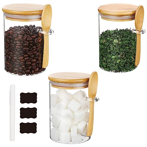 FyndraX Coffee Salts Sugar Container Jars, 15 Oz Glass Canister with Lids, Spoon and Labels for Tea, Nuts, Bath Salt, Spice, Overnight Oats and More Storage Canning, Pack of 3