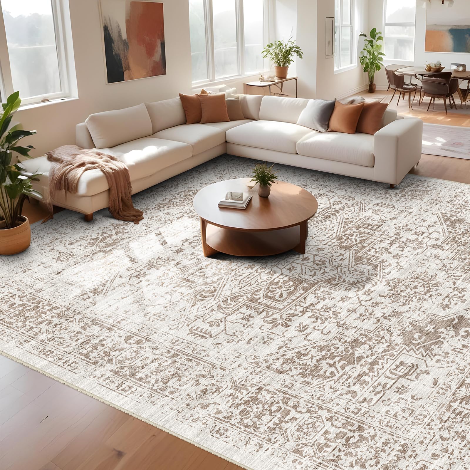 EISUROM 9x12 Large Area Rug - Vintage Washable Rug for Living Room with Non-Slip Low-Pile Traditional Medallion Border Rugs with Stain Resistant Foldable Retro Accent Rug Indoor Thin Rug