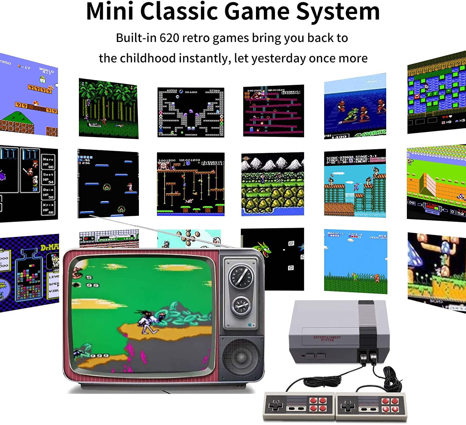 Classic Retro Game Console, Retro Mini Video Game System Built-in 620 Old-School Games, 8-Bit Video Game System with 2 Classic Controllers