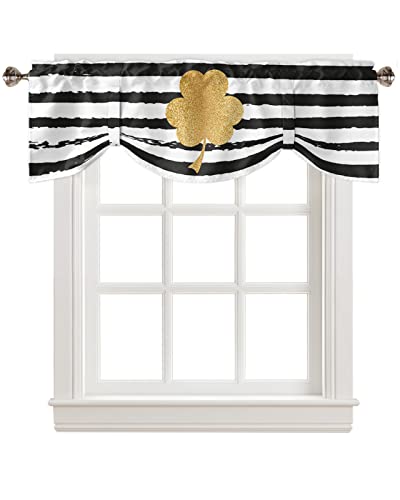 St Patrick's Gold Lucky Clover Leaves Tie Up Valance Curtain for Kitchen-Small Window Shade Valances Adjustable Rod Pocket Windows Treatment for Bathroom Black and White Stripes Line,1 Panel 42x18in