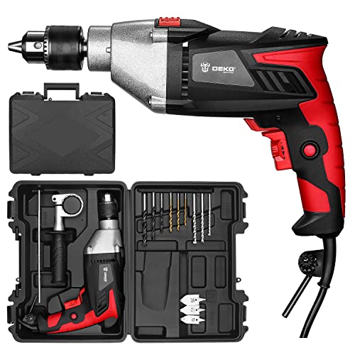 DEKOPRO 8Amp 1/2-inch Corded Impact Drill with 12pcs Accessories, Variable Speed 0-2800, Hammer and Drill 2 Functions in 1, 360°Rotating Handle, Depth Gauge, Carrying Case Included