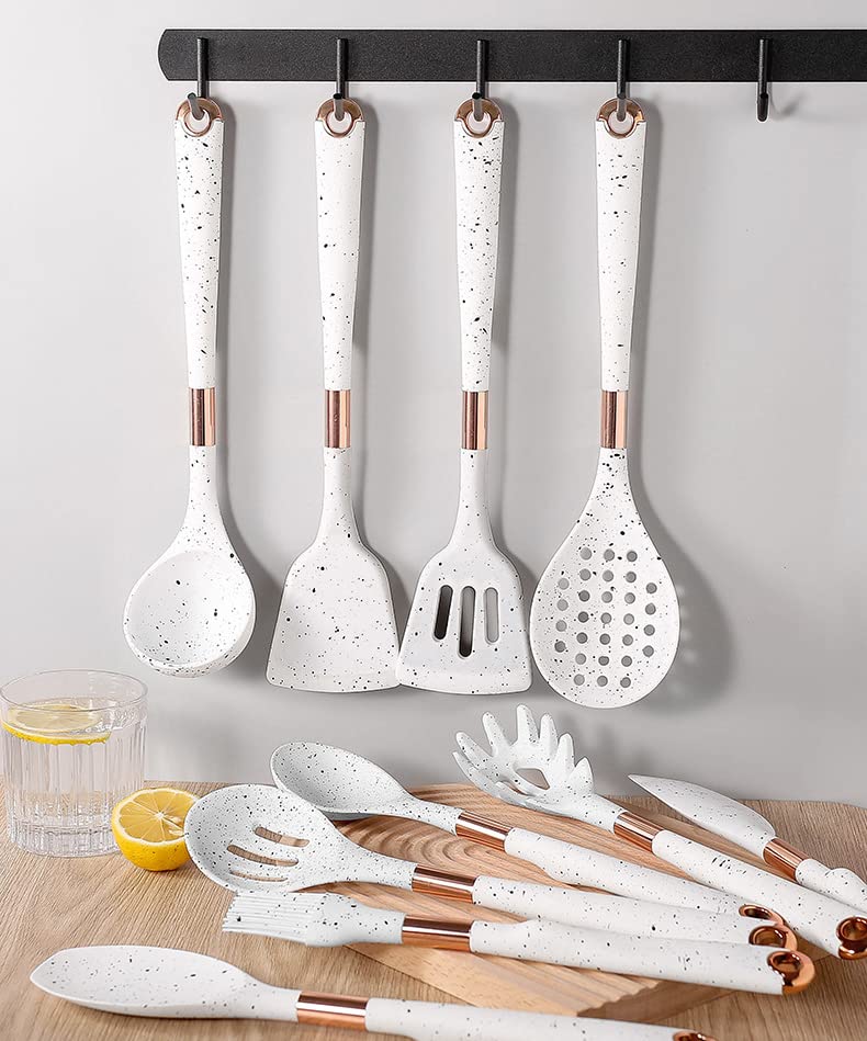 Chef Kitchen Cooking Utensils Set, Non-Stick Silicone Cooking Kitchen Utensil Set with Holder, Wooden Handle Silicone Kitchen Gadgets Utensil Set (White)