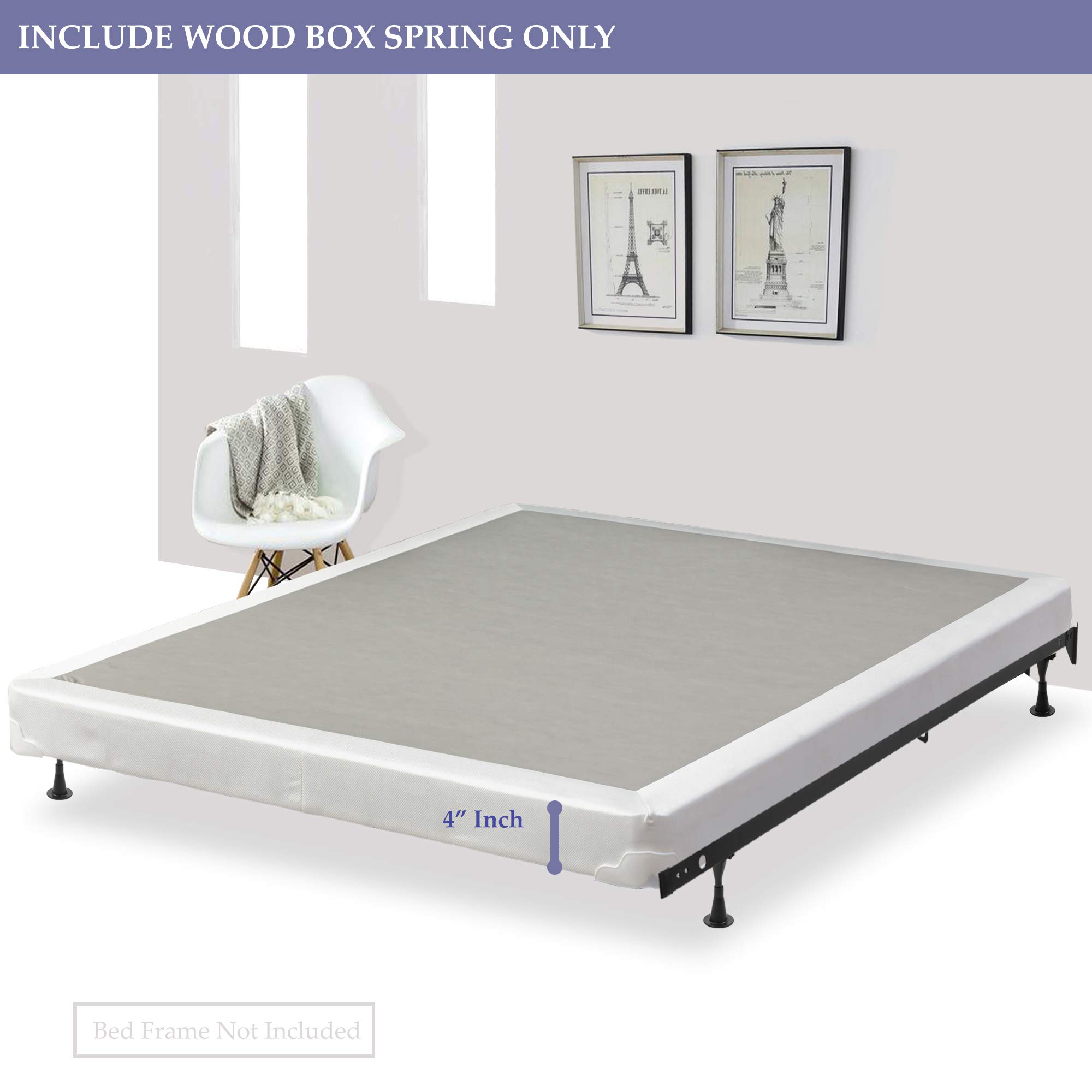 Mattress Solution Fully Assembled Low Profile Wood Traditional Boxspring/Foundation for Mattress, Full XL, Gray And White
