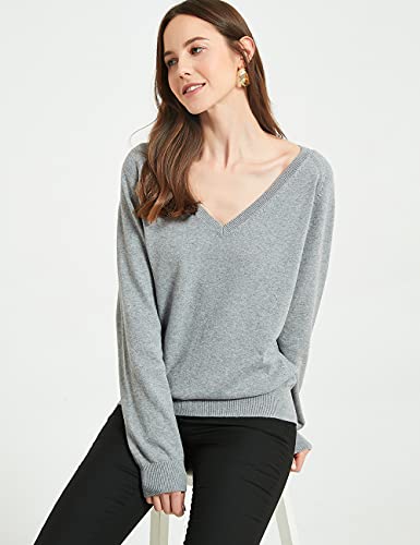 Kallspin Women's Cotton Pullover Sweater Relax Fit V Neck Long Sleeve Basic Fashion Knit Jumper (Large, Light Grey)