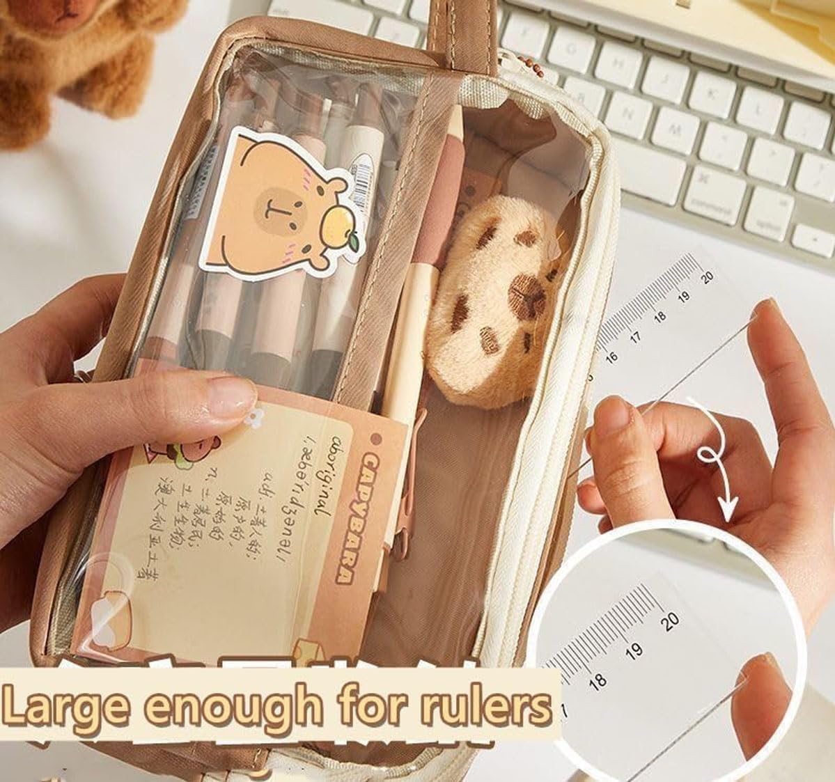 Capybara Pencil Case, Cute Msfym Pencil Pouch Lock Aesthetic Capybara, Kawaii Clear Capybara School Supplies with Compartments, Comes with Brooch, Stickers, Pendant, And Memo Pad (Brown)