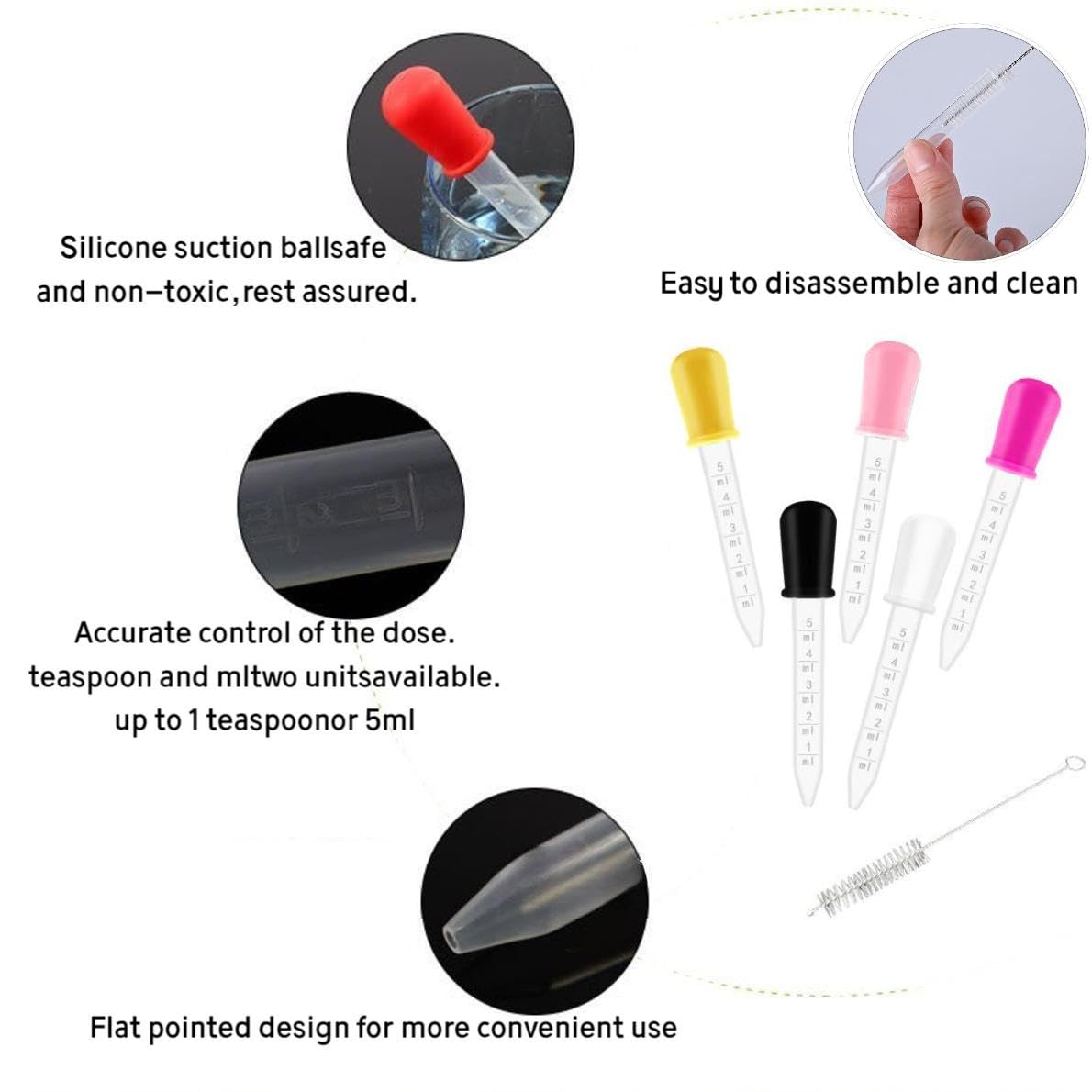 Eitonbu 11 Colors Liquid Droppers Clear Medicine Silicone and Plastic Pipettes Eye Dropper with Bulb Tip for Kids Candy Molds,Feed liquid dropper,Equipped with cleaning brush,For DIY Projects(5 ml