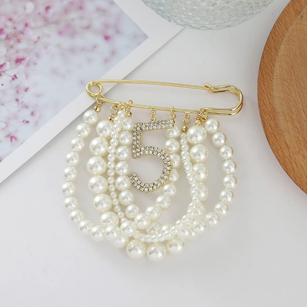 Celebrity Design Imitation Pearl Number Five Brooches Crystal Brooch Pins