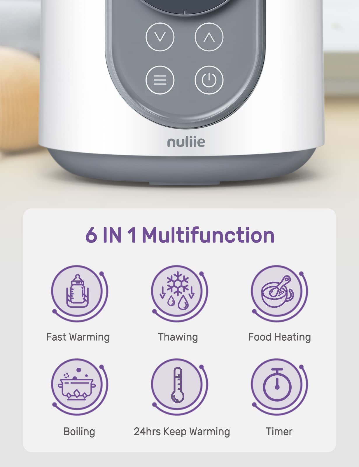 Nuliie Fast Bottle Warmer, 6-in-1 with Larger LCD Display Smart Temperature Control and Automatic Shut-Off, BPA Free Baby Bottle Warmer for Breastmilk or Formula