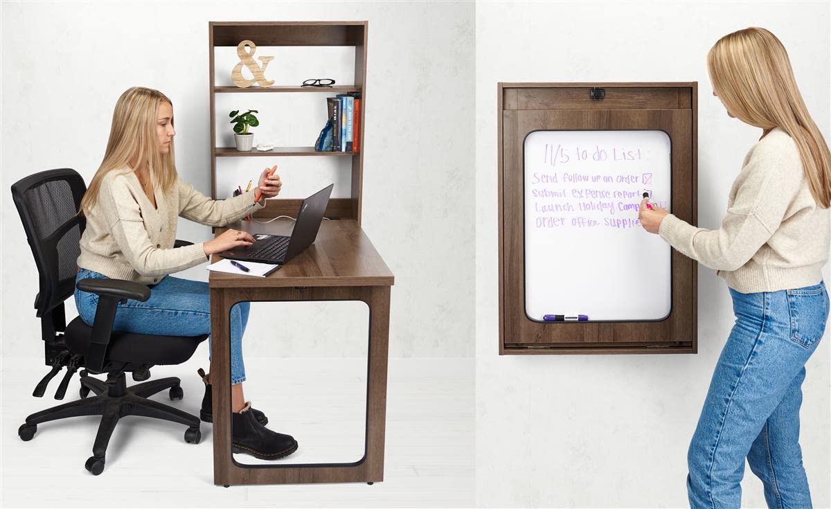 Displays2go Fold Out Desk Wall Mount with Shelves and Whiteboard, 29.5" High Tabletop - Dark Brown (FDWMDWBBRN)