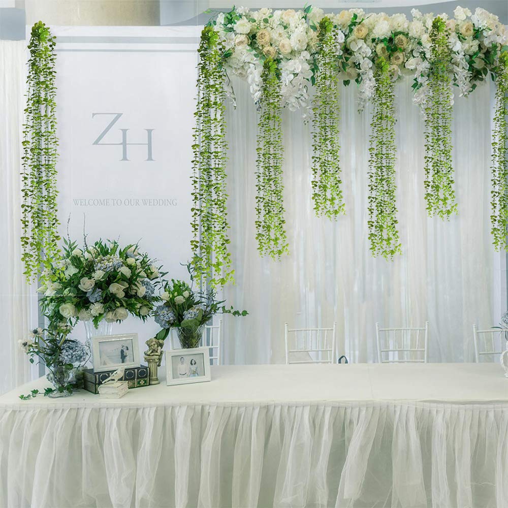 Wellindecor 2 Pcs Artificial Hanging Eucalyptus Leaves Faux Hanging Vines Greenery for Home Indoor Outdoor Garden Wedding Décor (Green), 43.30 × 3.93 inch