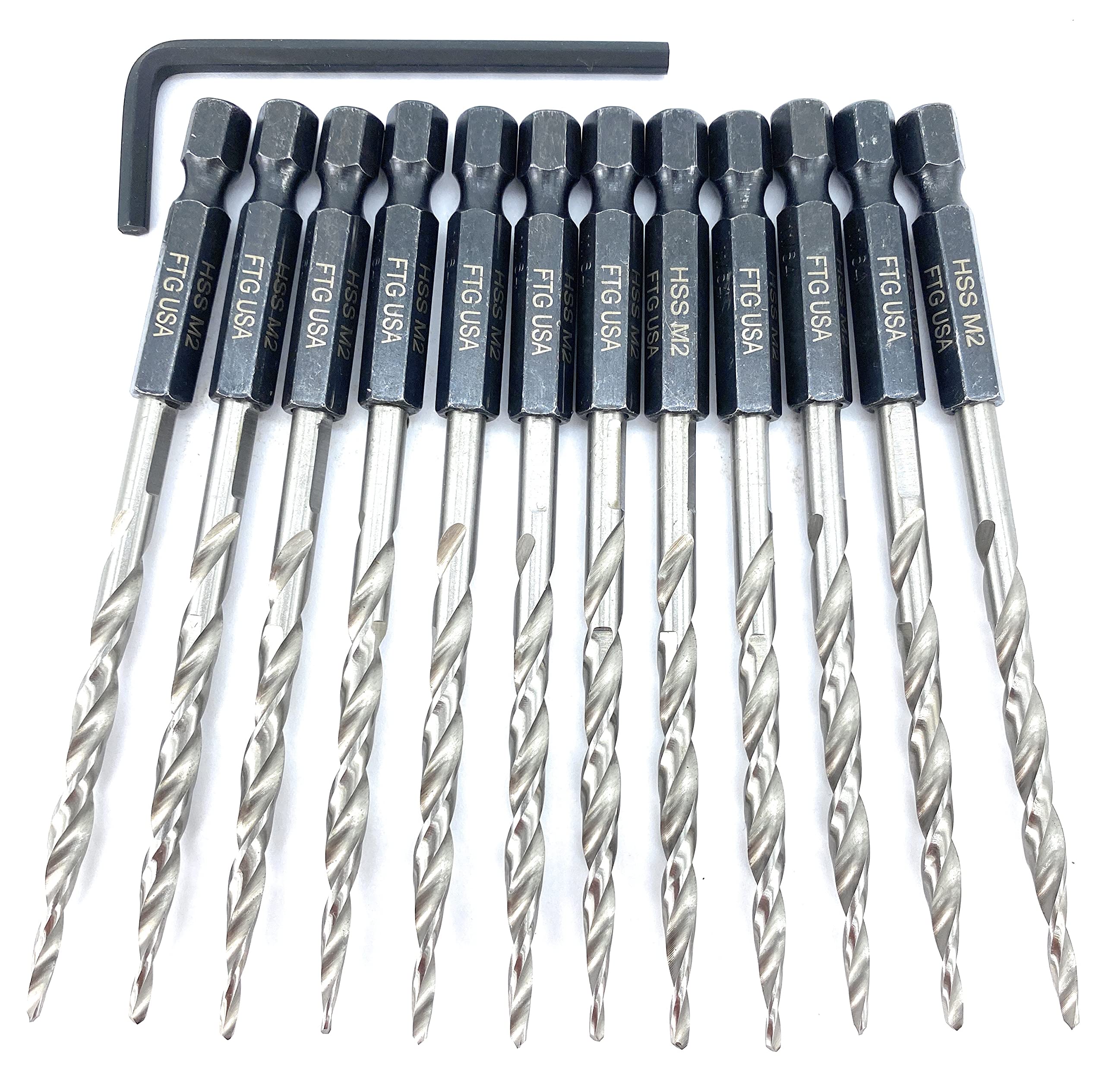 FTG USA Countersink Drill Bit Set 6 Pc #8 (11/64") with 12 Pc Replacement Countersink Drill Bit #8 (11/64") Pro Pack Countersink Set, Tapered Countersink Bit, 1 Stop Collar, Hex Wrench,
