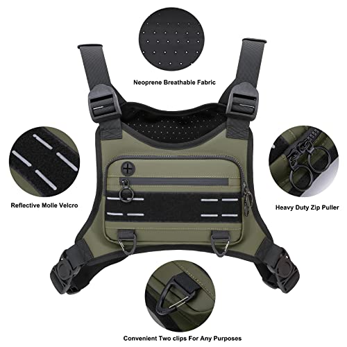 Muserise Sports Chest Bag For Men, Water Resistant Lightweight Front Chest Pack, Vest Bag With Built-In Phone Holder & Extra Storage For Workouts, Running, Cycling (Olive), One Size (MU05)