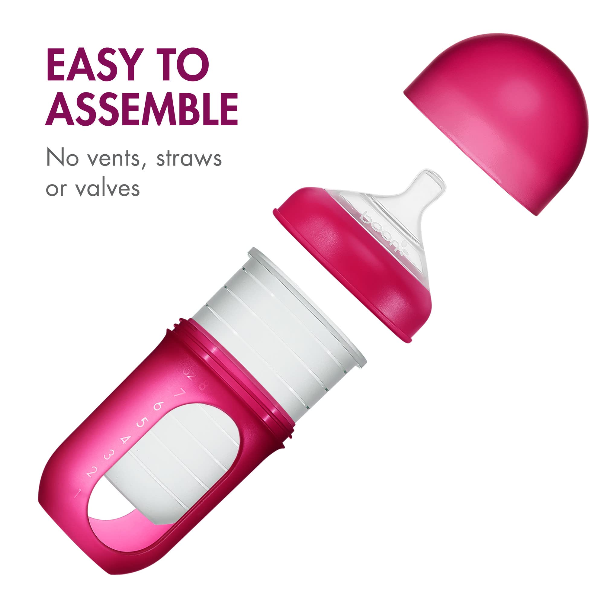 Boon Nursh Reusable Silicone Baby Bottles with Collapsible Silicone Pouch Design - Everyday Baby Essentials - Stage 2 Medium Flow Baby Bottles - Pink - 8 Oz - 3 Count