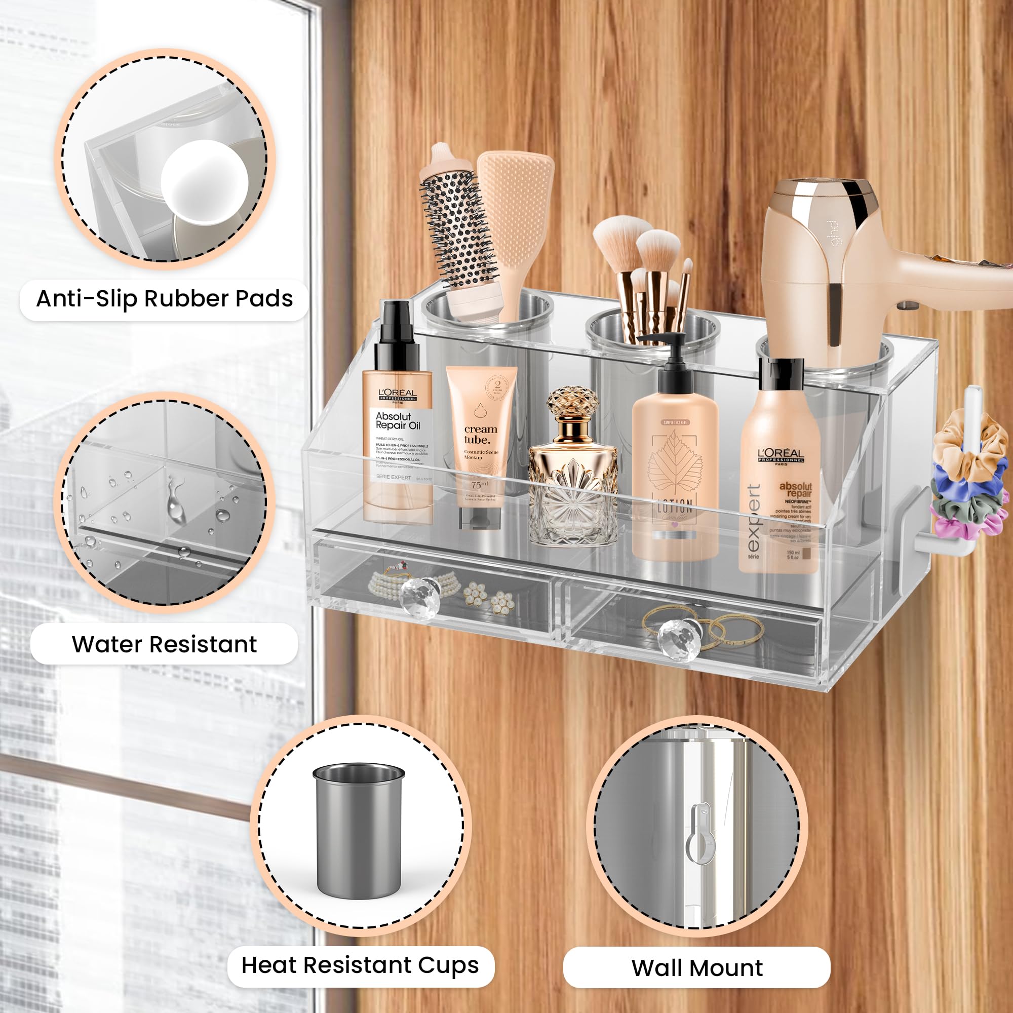 FINECLICK Hair Tool Organizer, Acrylic Wall Mount Blow Dryer and Hair Styling Holder with Storage,Bathroom Countertop Hair Dryer Holder,Vanity Caddy for Toiletries,Accessory Makeup (Two Drawer, Clear)