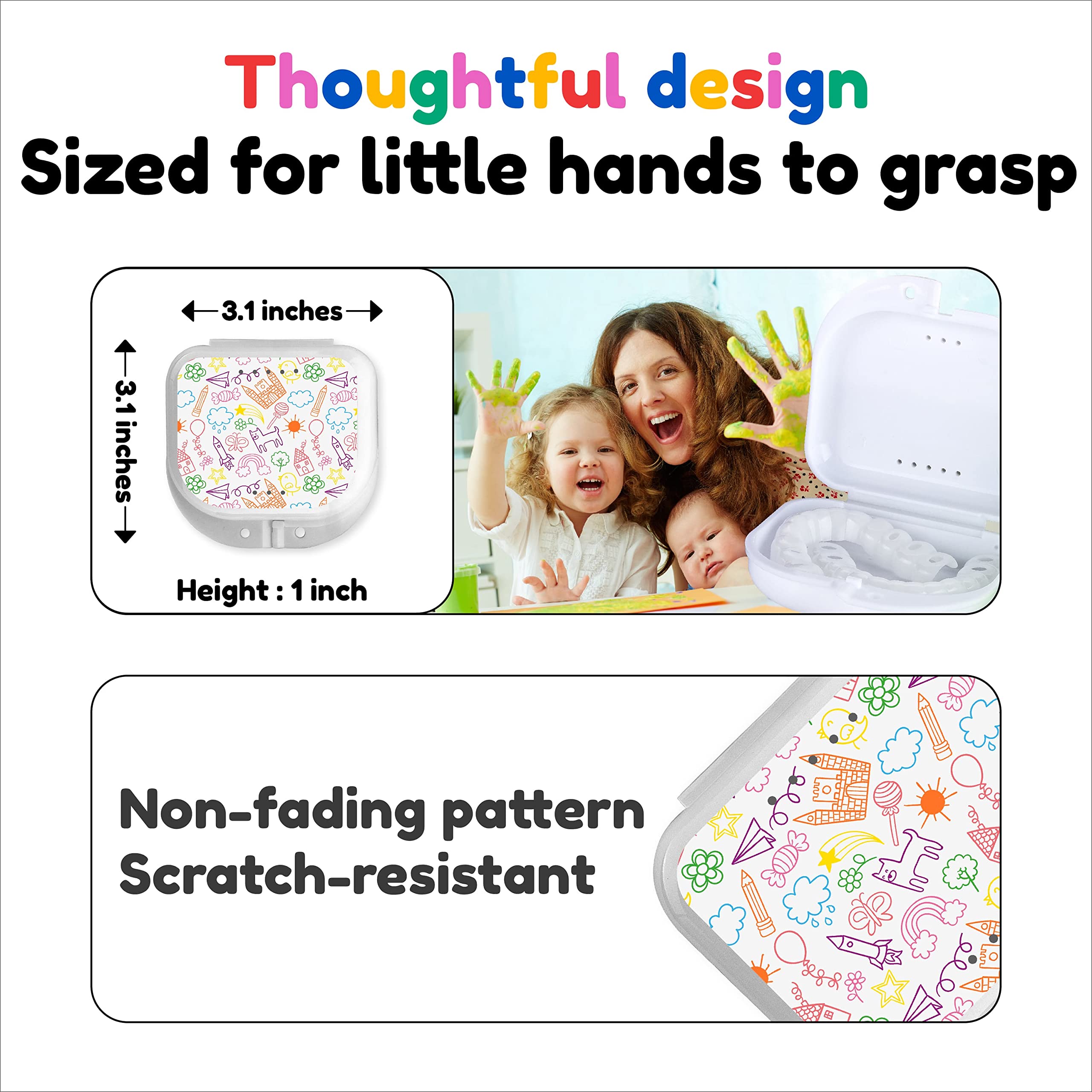 Cute Retainer Cases, Retainer Holder Case 1 Pack, Aligner Case with Funny Cartoon, Night Guard Case with Children Drawings Patterns (White)