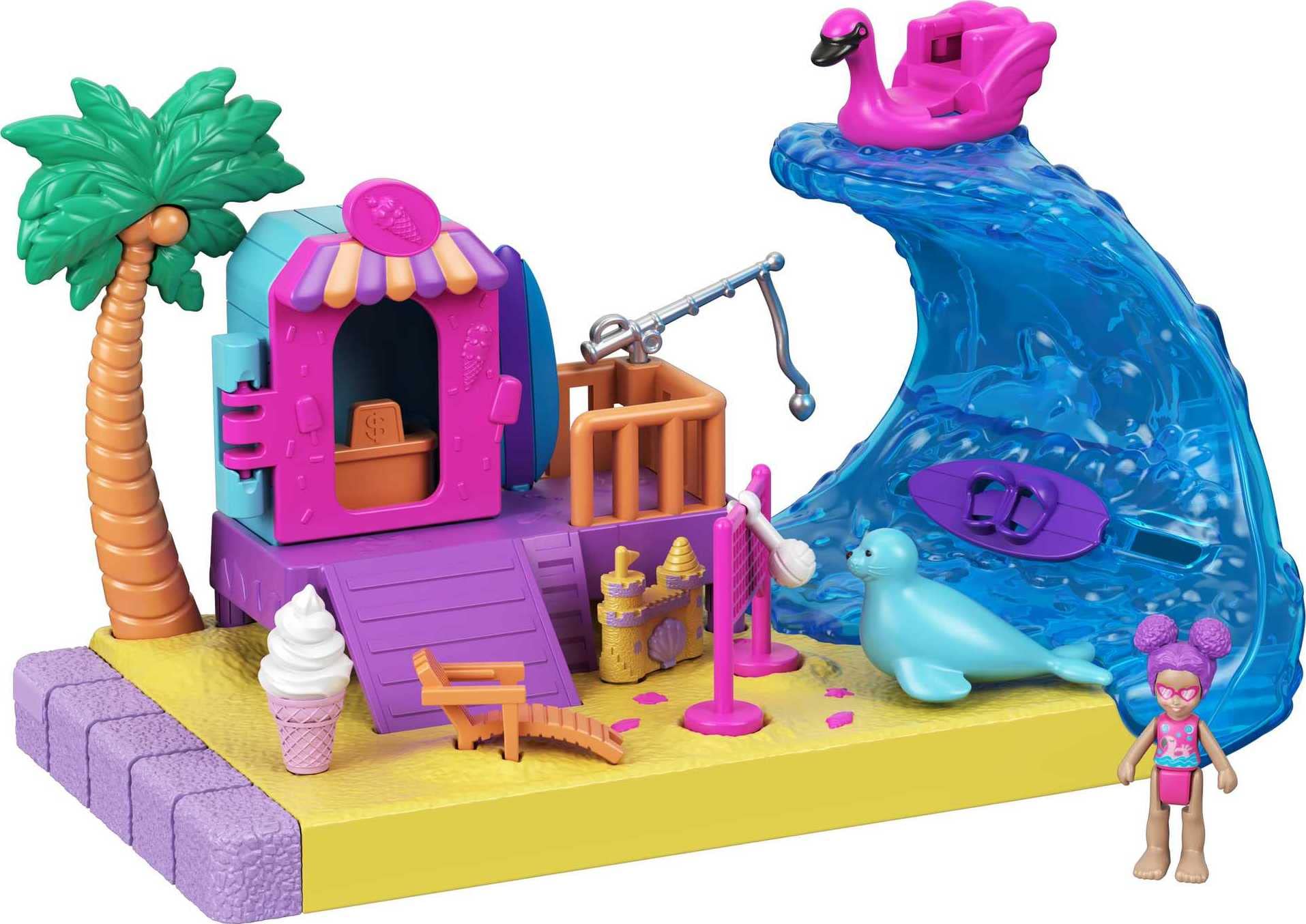 Polly Pocket Pollyville Playset, Sunshine Beach with Micro Doll, Seal Figure, Flamingo Toy Boat & Accessories