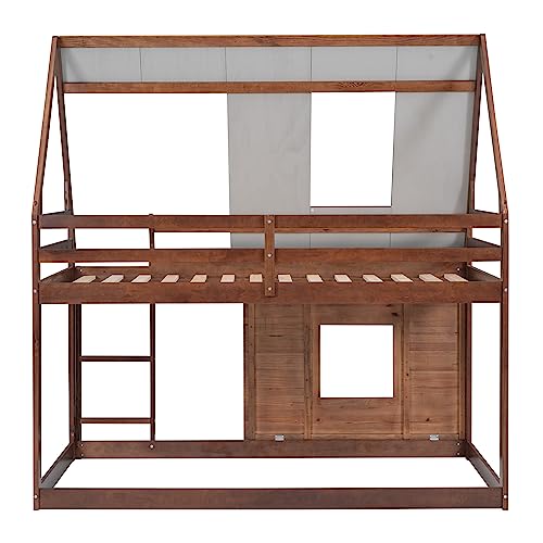 Merax Twin Over Twin Bunk Bed Wood Frame with Roof, Ladder and 2 Windows for Kids Teens Girls Boys,Oak & Smoky Grey