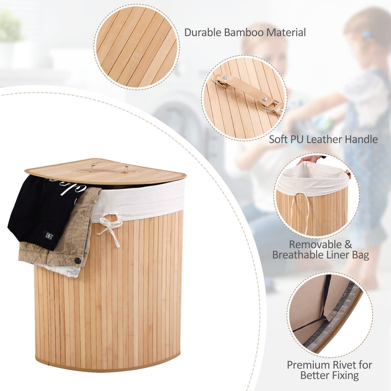 Giantex Corner Laundry Hamper with Lid, Bamboo Laundry Basket with Removable Liner and Handle, Clothes Basket for Cloth Organize, Clothes Storage Bin for Bedroom, Laundry, Living Room (Beige)