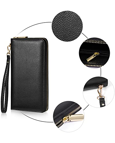 Chelmon Womens Wallet Large Capacity Zip Holder Clutch Bifold Wrist Strap Long Purse Black