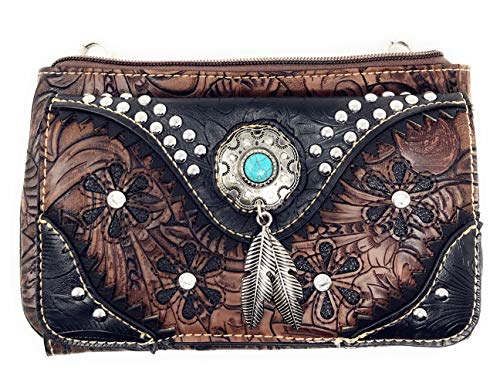 Western Feather Country Rhinestone Concho Laser Cut Wallet Cross Body Clutch Bag Purse (Brown) Small