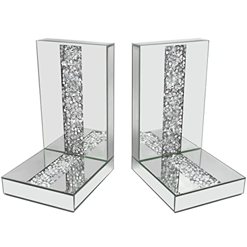 FYWDGLART Mirrored Decorative Bookends.Silver Crush Diamond Decorating Bookend.Skid-Resistant Design.Bookshelf Decor.9X6X5.1inches,Set of 2.