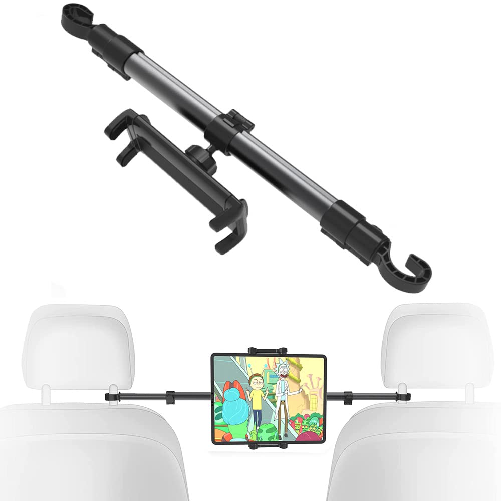 Cuxwill Car Headrest Tablet Holder Mount for 4-13'' Device, 32.7" Stretchable Aluminum Arm Between Back Seat Kids Stand for iPad Pro Air Mini, Galaxy Z Huawei Tab, Kindle Fire, MediaPad, Smartphone
