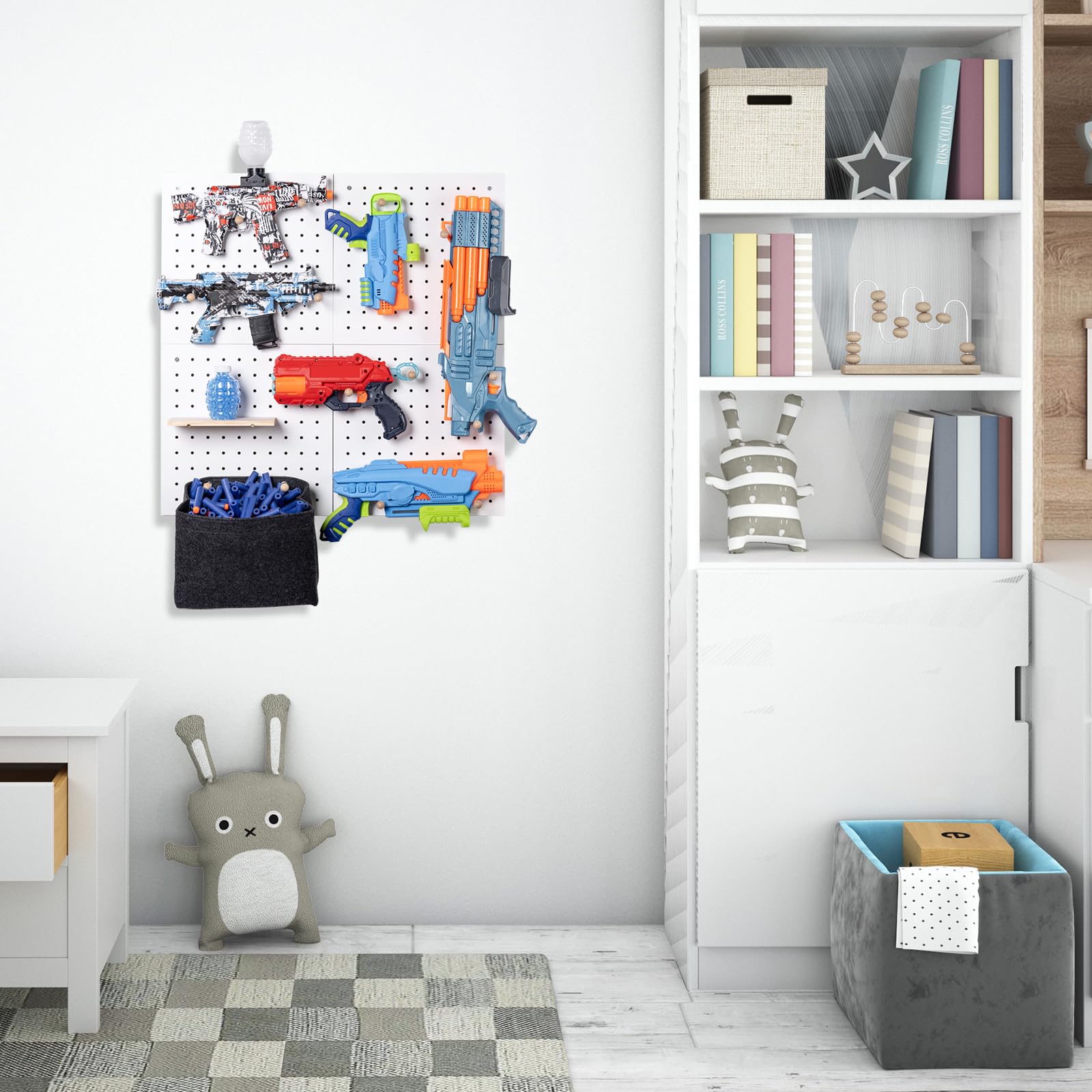 IneVibe Nerf Display Wall Organizer - Wooden Pegboard Storage Holder for Mounting Nerf Guns & Gel Blasters, 4 Piece Rack W/Bag for Darts