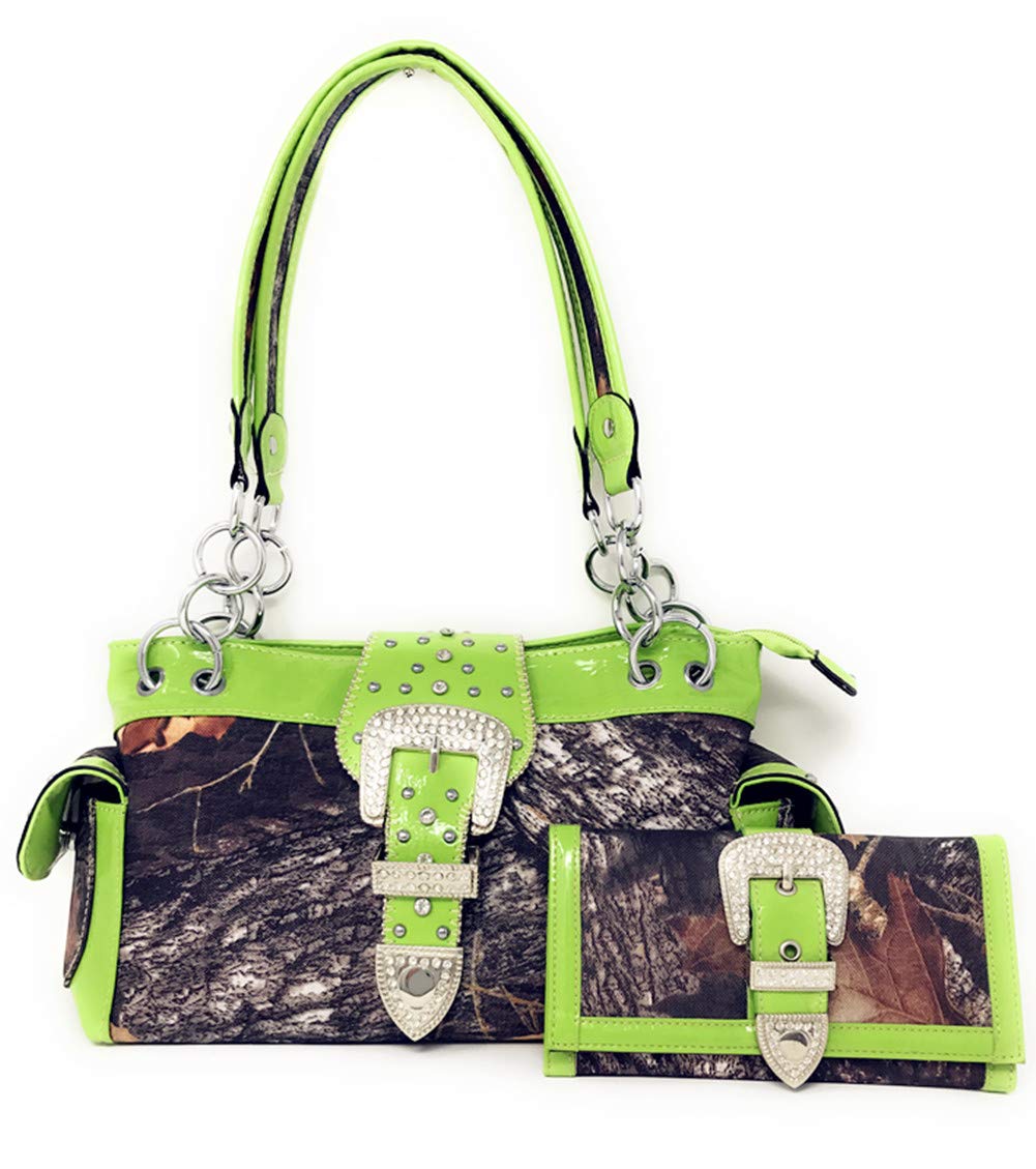 Western Rhinestone Camouflage Handbag With Matching Wallet In Multi Collections (Buckle Pink) Large
