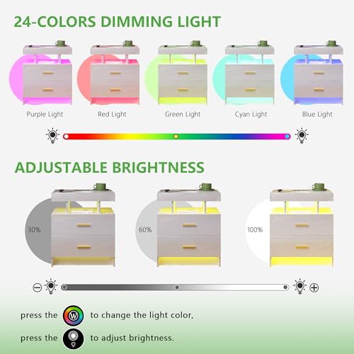 HNEBC LED Nightstand, RGB White Night Stand with USB/Wireless Charging Station, Modern Bedside Table has Auto Sensor RGB Lights, End Side Table with 2 Drawer for Bedroom Furniture, White