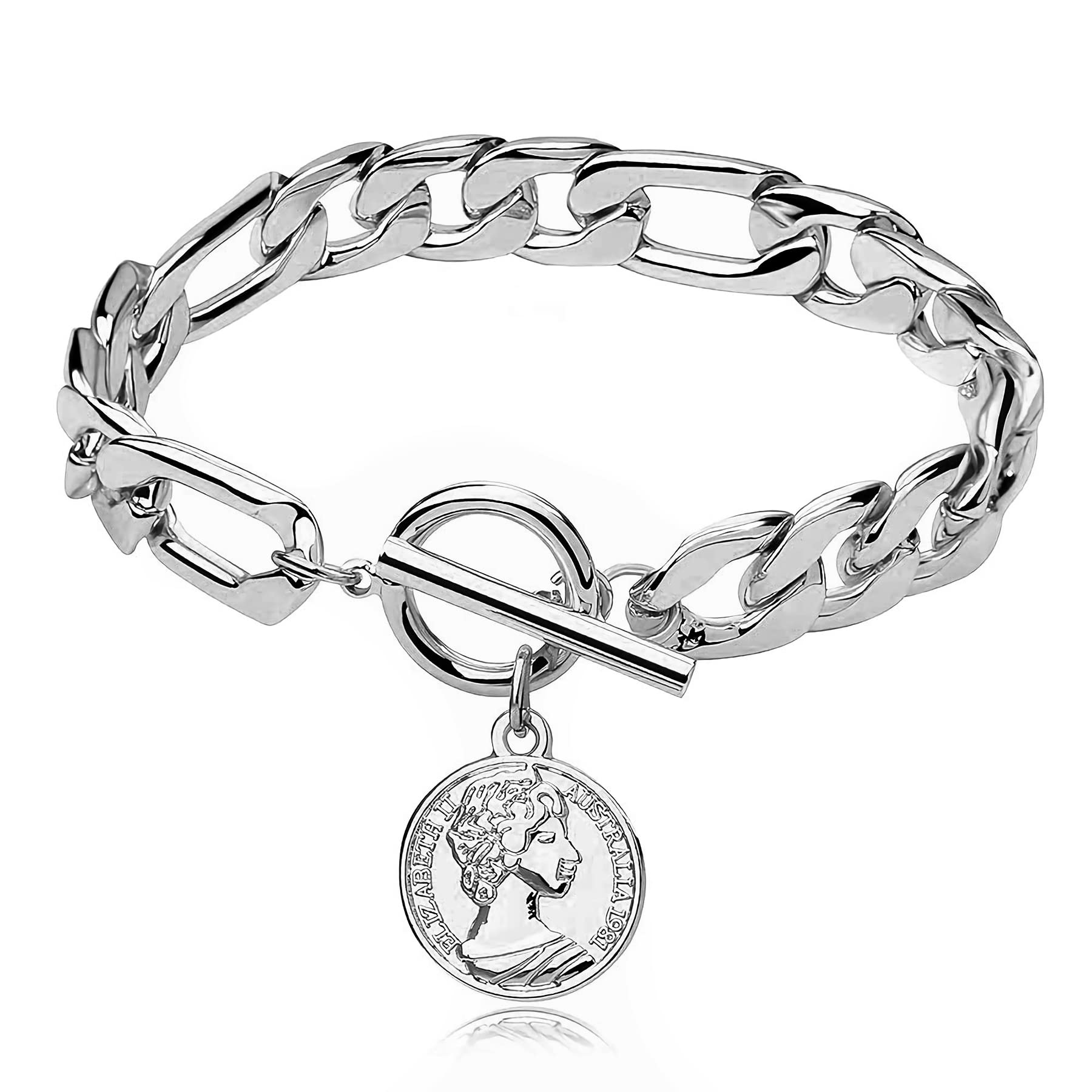 CLASSYZINT Cuban Link Chain Bracelet for Women Men Silver Coin Pendant Charm Bracelet White Gold Thick Chunky Chain Bracelets OT Toggle Clasp 8 Inches