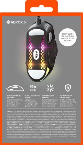 SteelSeries Aerox 5 - Lightweight Gaming Mouse - 18000 CPI -- TrueMove Air Optical Sensor - Ultra-lightweight Water Resistant Design - Universal USB-C Connectivity