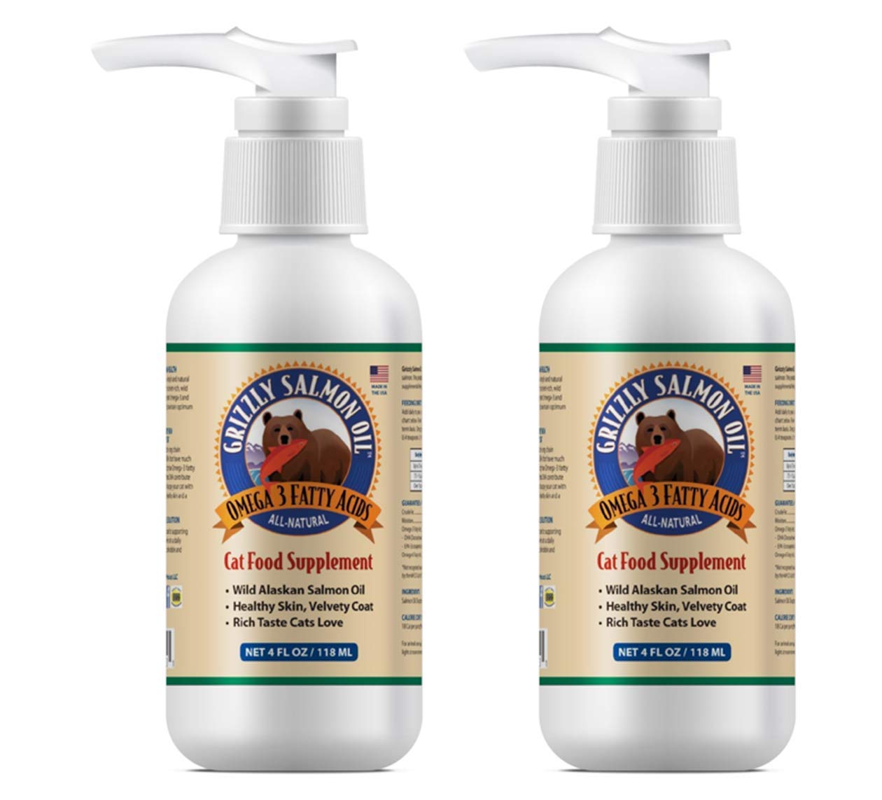 Grizzly 2 Pack of Salmon Oil Cat Food Supplement, 4 Ounces Per Bottle