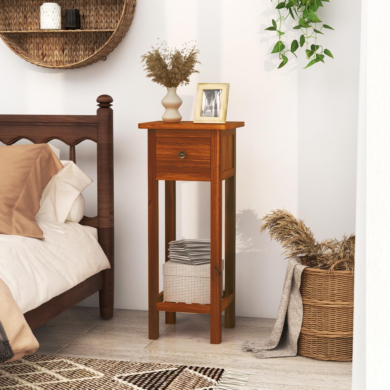 Giantex Narrow End Table with Drawer, Tall Acacia Wood Side Table with Bottom Shelf, Modern Bedside Tables, 2-Tier Nightstand for Small Spaces Bedroom Living Room, No Assemble Required, Brown