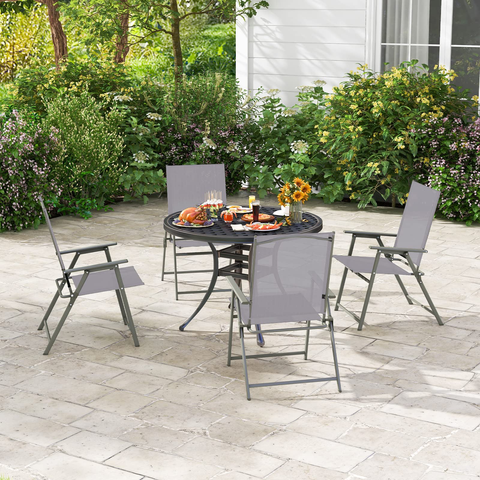 Giantex Patio Folding Chairs Set of 4, Outdoor Lawn Chairs with Rustproof Metal Frame, Portable Dining Chairs for Porch, Deck, Garden, Backyard, Camping, Gray