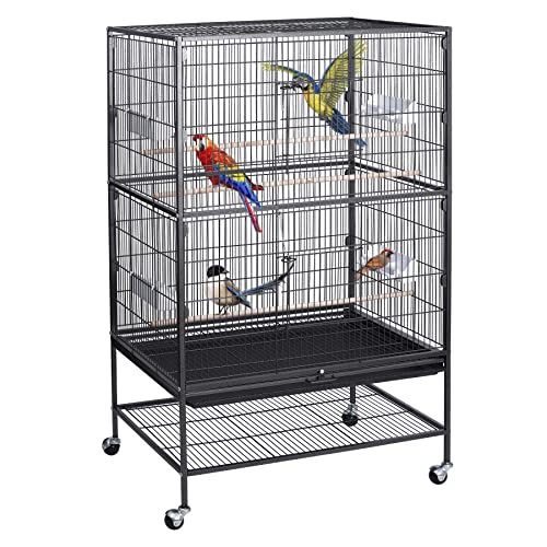 SUPER DEAL 52 Inch Rolling Bird Cage Large Wrought Iron Cage for Cockatiel Sun Conure Parakeet Finch Budgie Lovebird Canary Medium Pet House with Rolling Stand & Storage Shelf