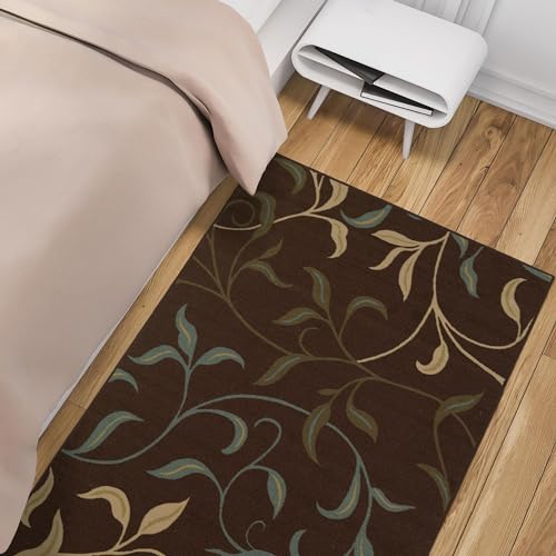 Machine Washable Leaves Design Non-Slip Rubberback 5x7 Traditional Area Rug for Living Room, Bedroom, Kitchen, 5' x 6'6", Brown