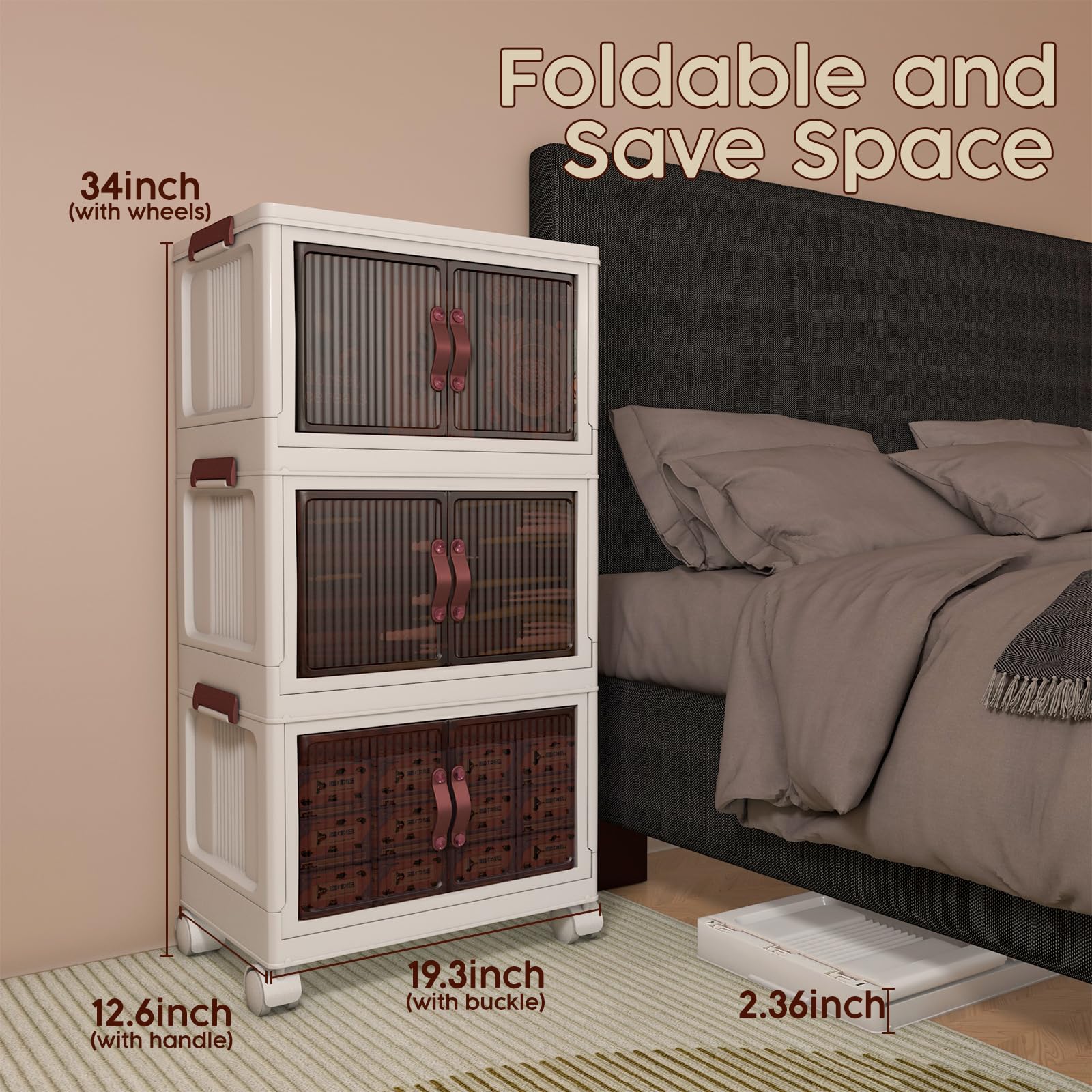 CNDSE 8.6Gal Foldable Double Door Storage Box, Collapsible Plastic Containers with Lids, White Stackable Storage Bins with Lockable Wheels, 3 Tiers