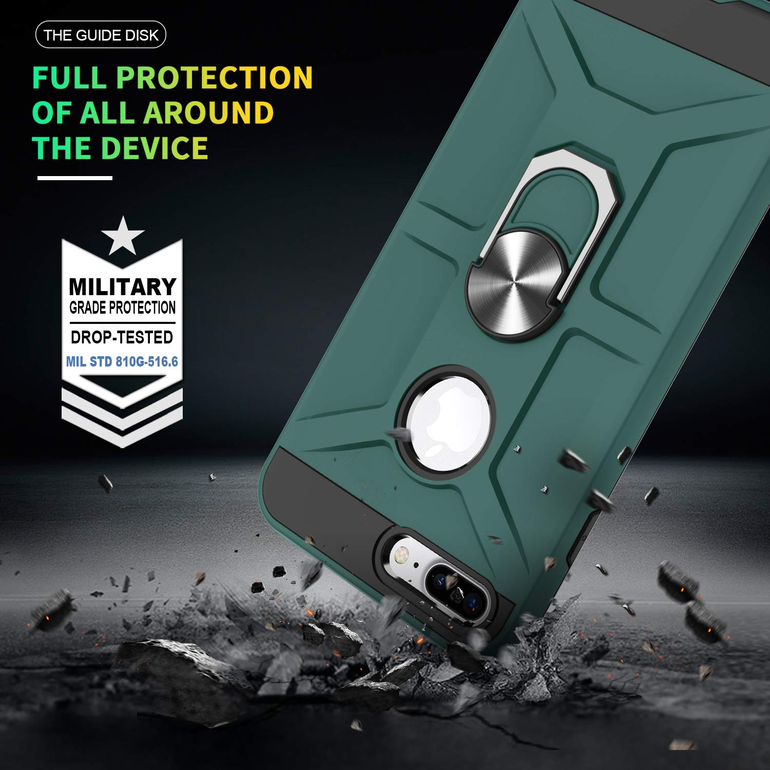 Compatible for iPhone 8 Plus Case, iPhone 7 Plus Case with HD Screen Protector, Atump Magnetic Ring Kickstand [Military Grade] Protective Phone Case for iPhone 8/7/6/6s Plus, Midnight Green