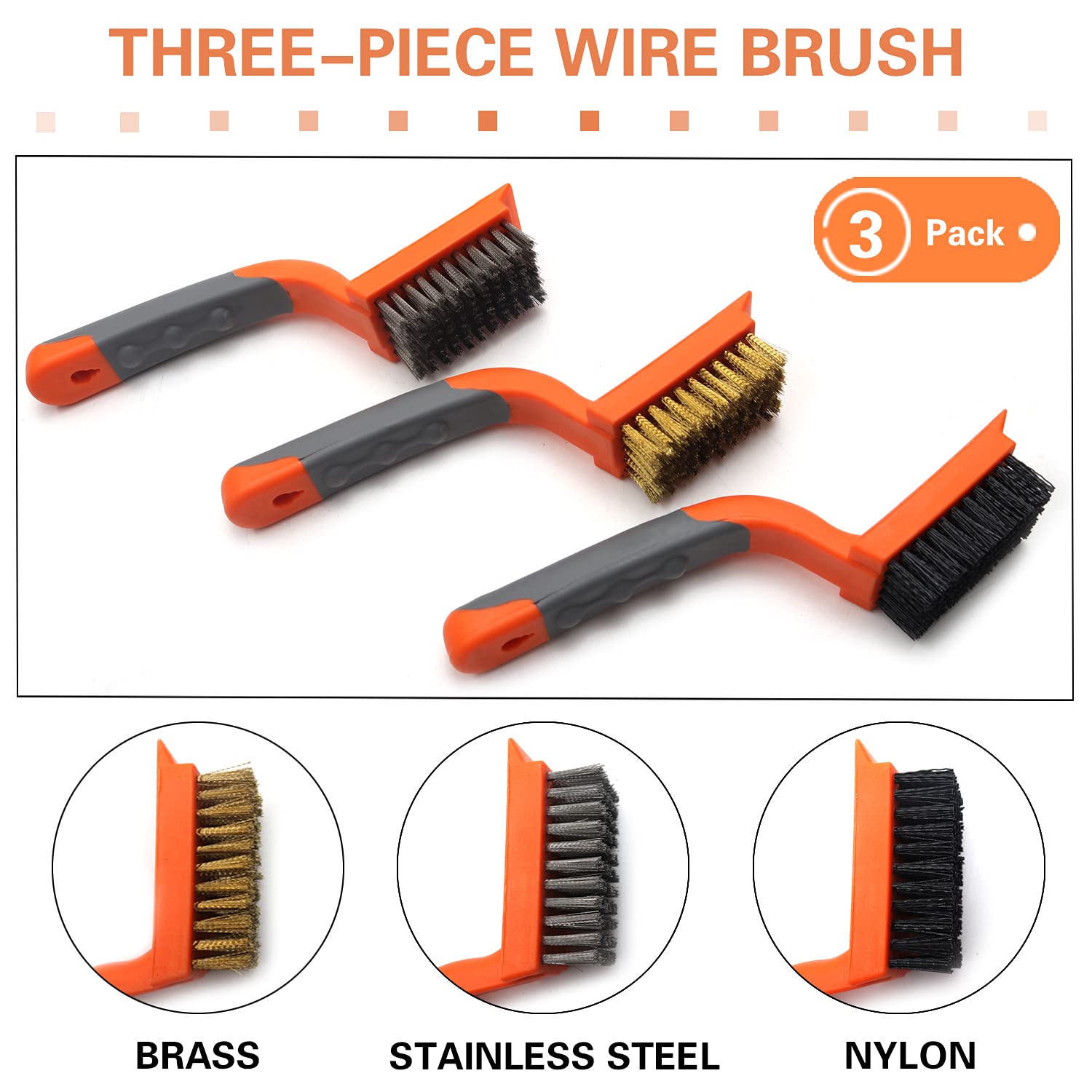 MAXMAN Wire Brush 3Pcs Brass/Stainless Steel/Nylon Wire Brushes for Cleaning Rust Bristle Brush Set with Rubber Curved Handle Grip Used for Dirt, Paint Remover (Orange+ Gray)