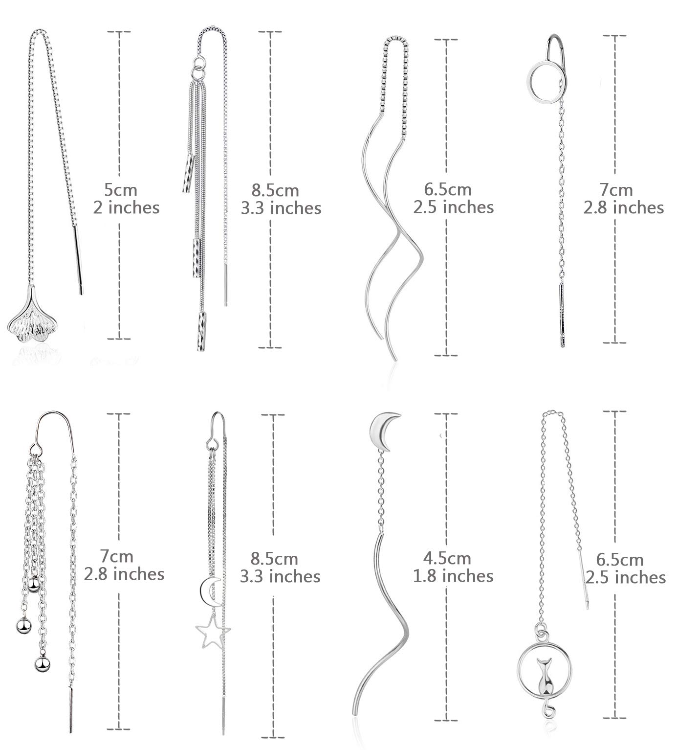 CASDAN 8 Pairs Silver Plated Long Chain Tassel Earrings for Women Lightweight Ball Drop Dangle Moon Star Tassel Threader Earrings