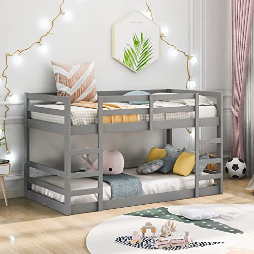 MERITLINE Wood Bunk Bed Twin Over Twin Bunk Beds for Boys and Girls, Simple Floor Twin Bunk Bed Frame with 2 Slats Sets and 2 Ladders, No Bunkie Board Needed