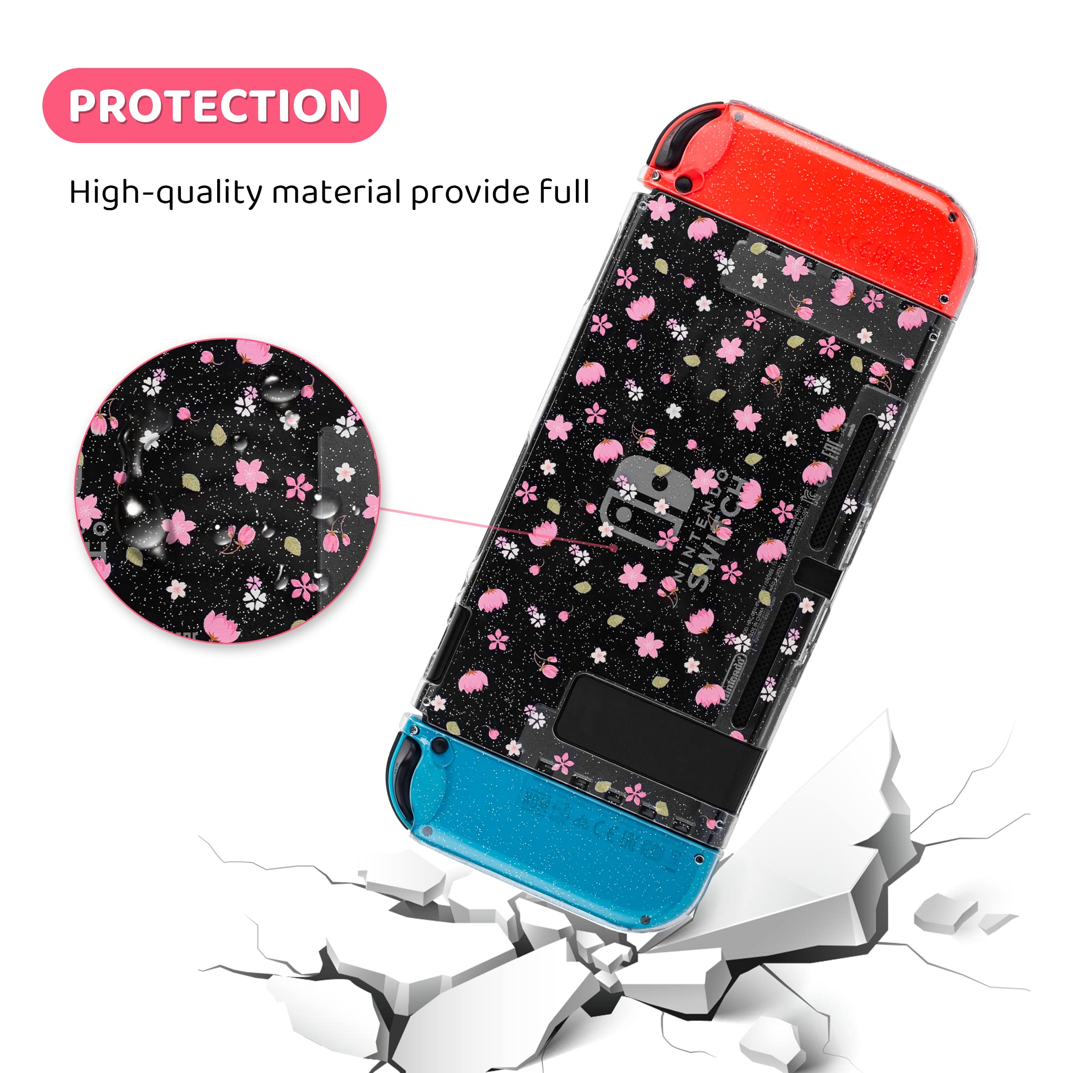 RHOTALL Cute Case Compatible with Nintendo Switch, Kawaii Accessories for Switch, Glitter Crystal Clear Cover for Switch and Joy Con Controller with 2 Glitter Thumb Grips - Cherry Blossoms