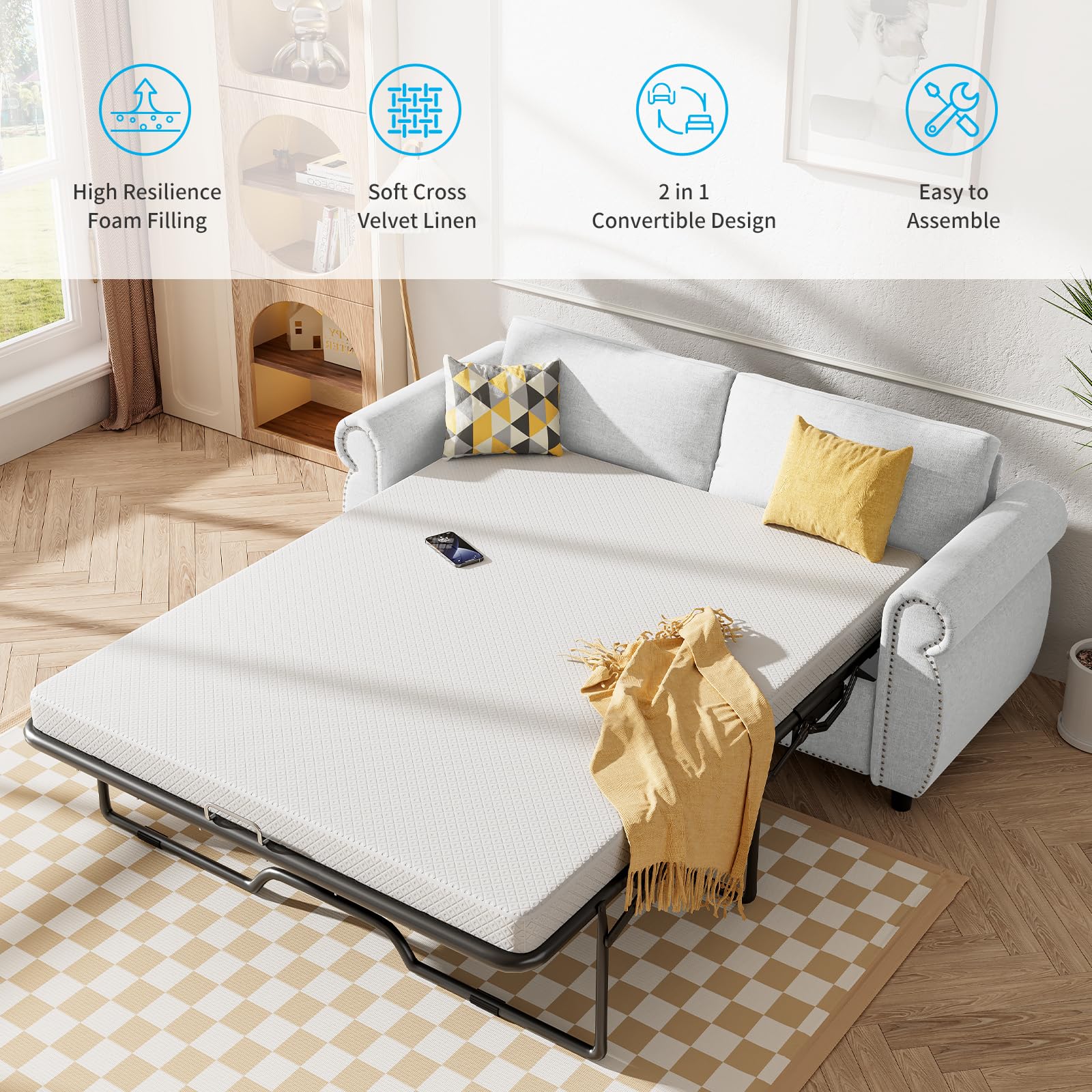 Mjkone Full Size Sleeper Sofa with 4" Foldable Memory Foam Mattress, 2 in 1 Upholstered Pull Out Sofa Bed with Nailhead Armrests, Modern Linen Pull Out Couch for Living Room Apartment Office, Gray
