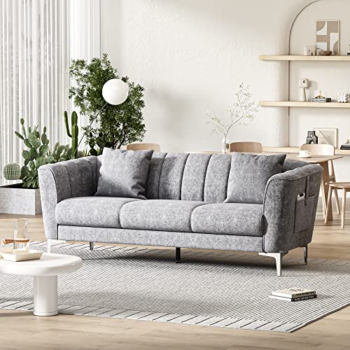 HOSTACK Modern Chenille Sofa, 77" Upholstered Couch with 2 Bolster Pillows and Armrest Bags, 3-Seat Sofa for Living Room, Bedroom, Office, Apartment, Dorm, Gray