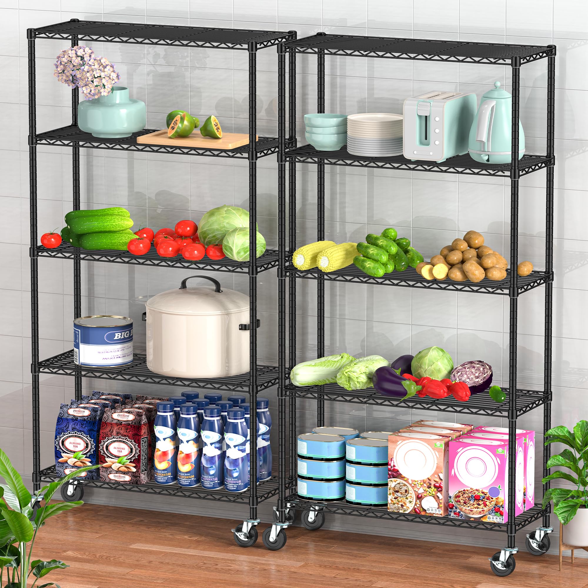 Folews Heavy Duty Storage Shelves 5-Tier, Wire Shelving Unit with Wheels & Adjustable Feet Metal Shelf Rack for Garage, Kitchen, Pantry, Laundry Room 400 Lbs Per Shelf - 14x36x75