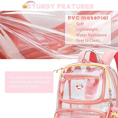 Maod Clear Backpack Heavy Duty Stadium Approved PVC Transparent Large School Book Bag with Free Sticker and A Pendant (Pink)
