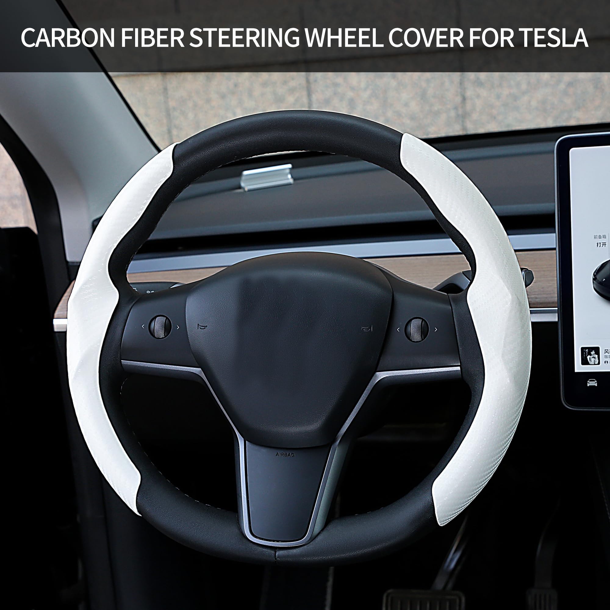Carbon Fiber Steering Wheel Cover for Tesla Model 3/Y Steering Wheel Wrap Protector Anti-Slip Interior Compatible with Tesla Accessories (White)