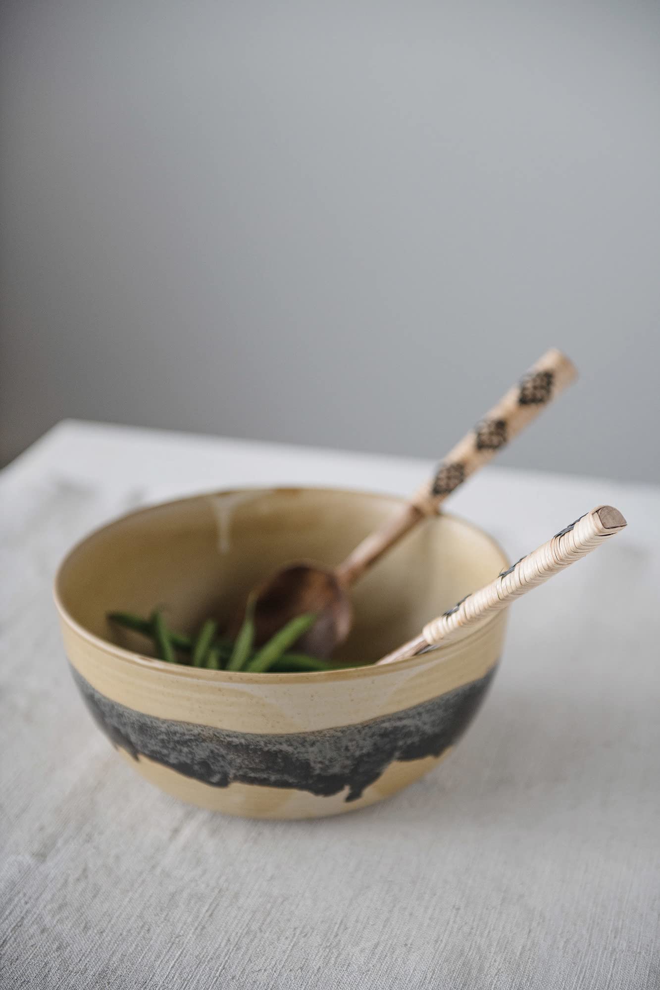 Creative Co-Op Mango Wood Salad Servers with Patterned Rattan-Wrapped Handles Serveware, Set of 2, Natural