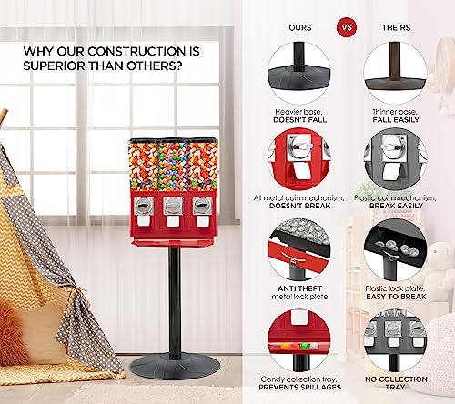 Vending Machines for Business Gumball Machine with Stand Candy Vending Machines Triple Pod Standing Dispenser for Commercial Use to Dispense Gumballs Candies Using Quarter with Removable Canisters